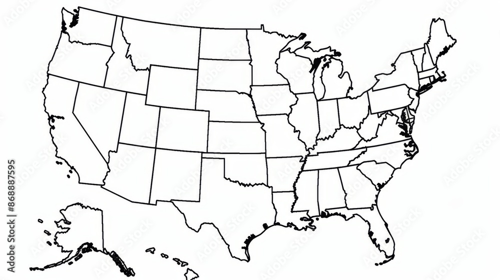 A simple, black and white outline map of the United States of America ...