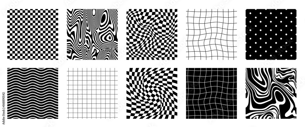 Psychedelic checkerboard seamless pattern set. Retro background with ...