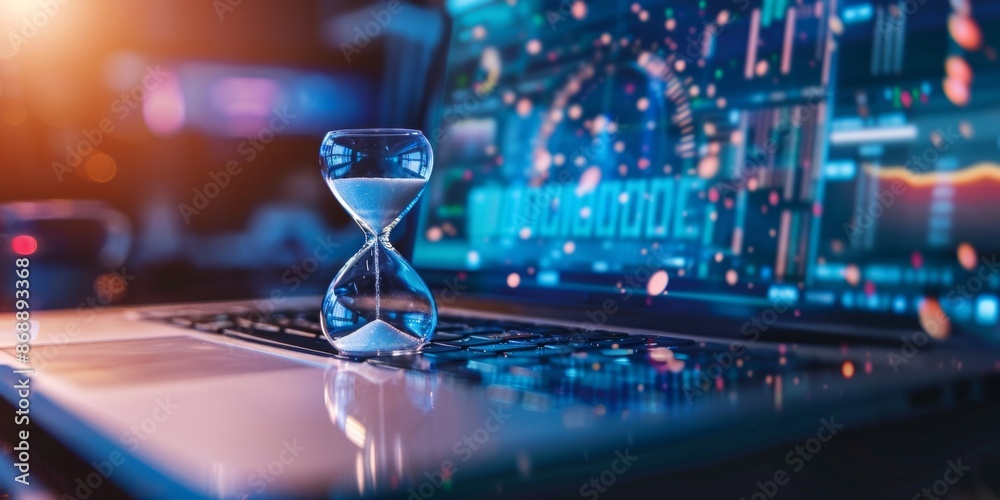 Hourglass on Laptop with Data Visualization Stock Photo | Adobe Stock