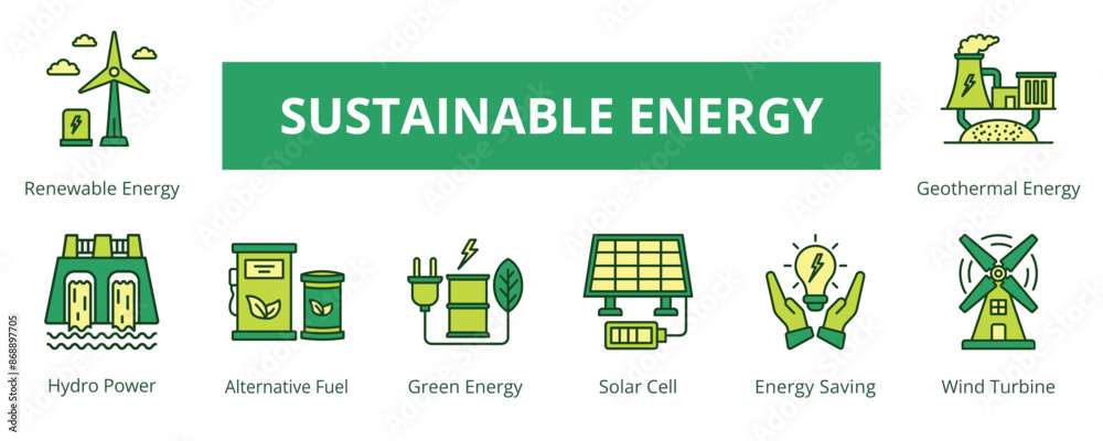 Sustainable Energy Lineal Color Banner Web Icon Set Vector Illustration ...