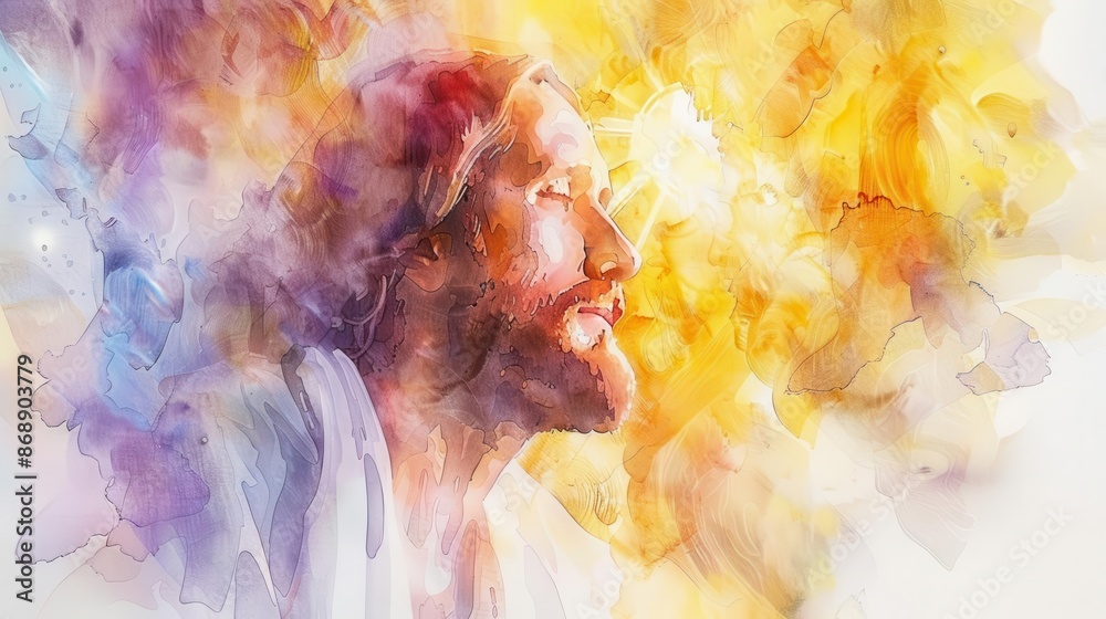 ethereal watercolor portrait of jesus christ emerging from abstract ...