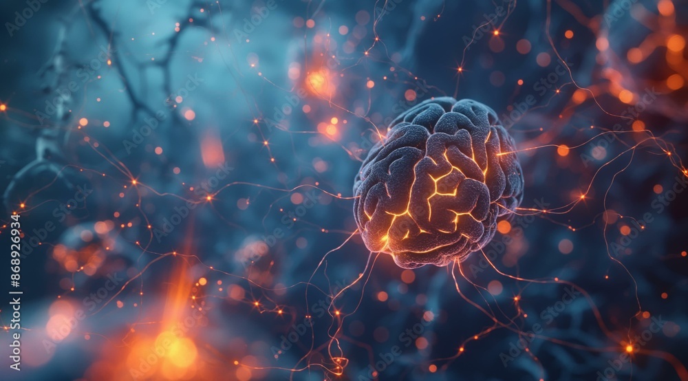 A detailed 3D rendering showcasing brain cells and their intricate structures with glowing ...