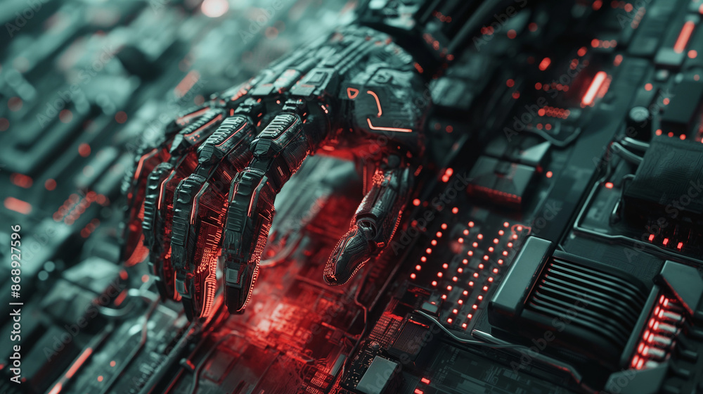 Detailed view of a robotic hand with red illuminated circuitry ...