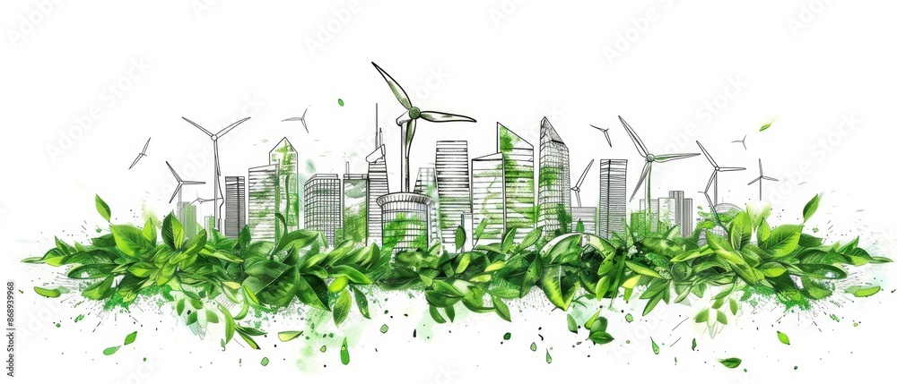 Drawing sustainable city elements with wind and solar power on green ...