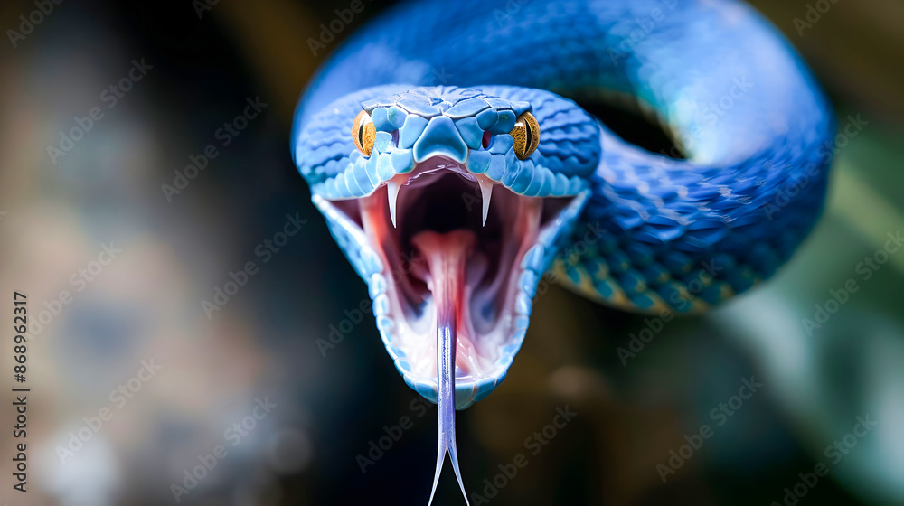 Foto de Stock Fierce blue viper snake with open mouth and bifurcated ...
