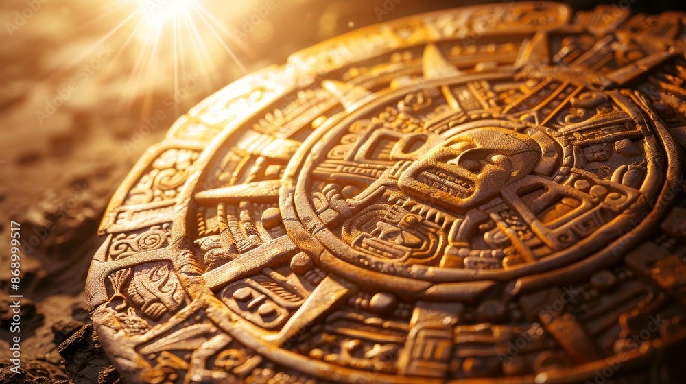 Magic light enhancing Aztec Sun Stone, detailed carvings revealing ...