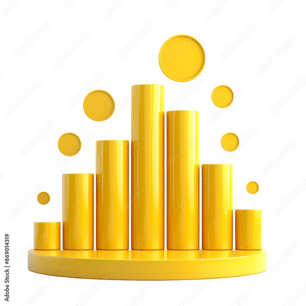3D yellow bar chart with floating dots and circular base on transparent ...