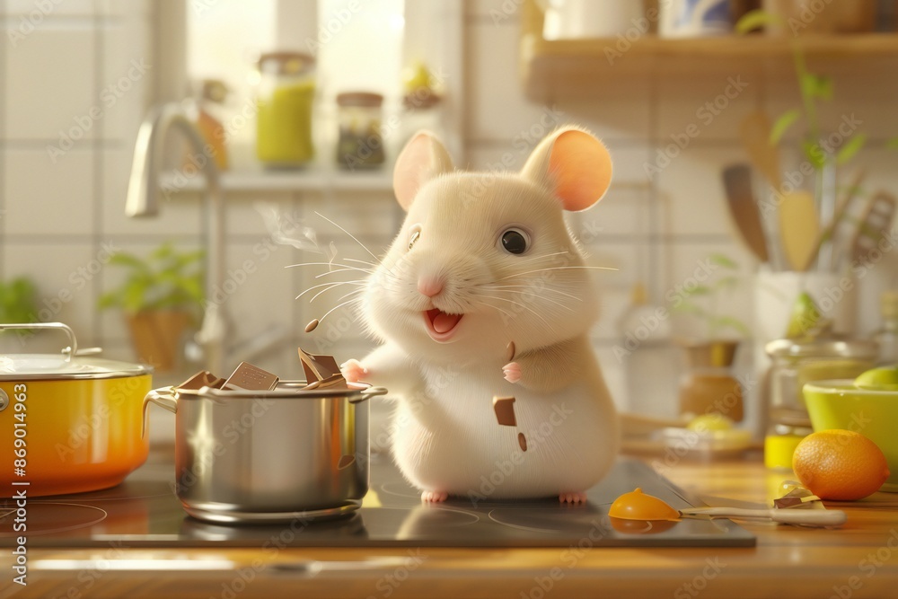 Cute cartoon hamster melting chocolate in the kitchen in 3D render ...