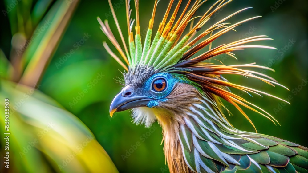 Vibrant green plumage, long neck, clawed wings, and distinctive crest ...