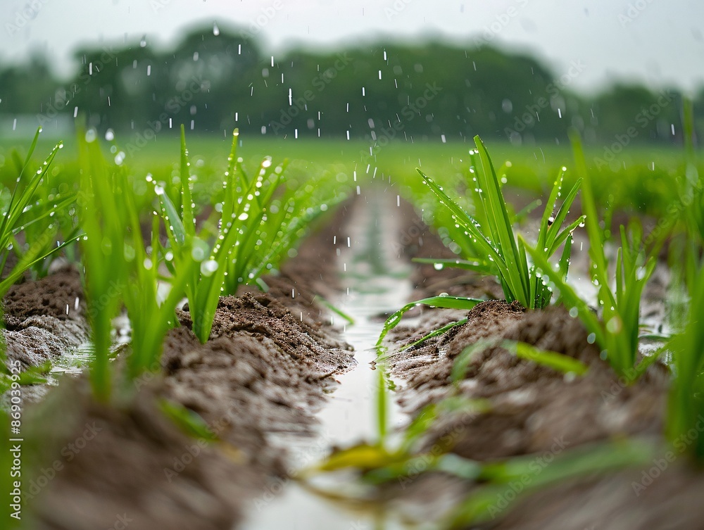 Foto Detailed view of raindrops hitting the waterlogged soil between ...
