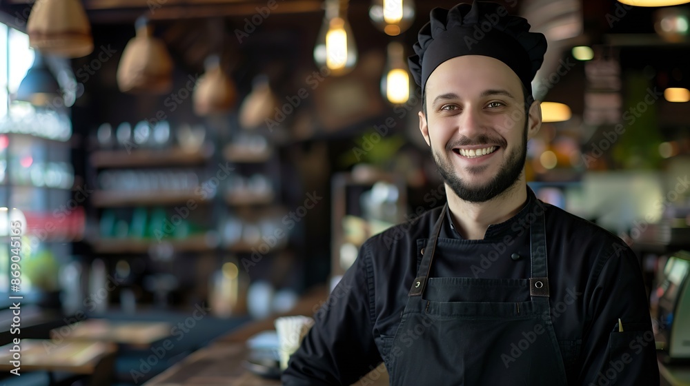 Portrait of happy smiling small business owner dressed in a black chef ...