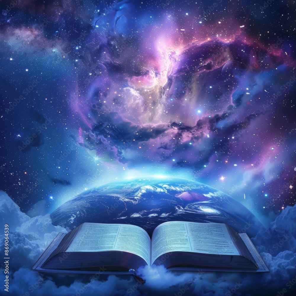 Concept Art of God's Word with an Open Bible Above Earth, Ethereal ...