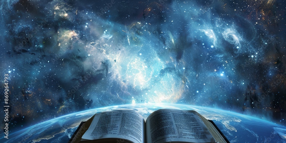 Concept Art of God's Word with an Open Bible Above Earth, Ethereal ...