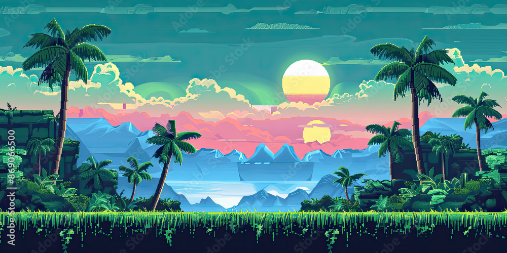 Vintage retro video game style computer graphics landscape background ...