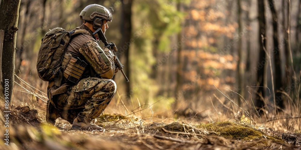 A soldier in camouflaged gear, holding a rifle while crouching in a ...