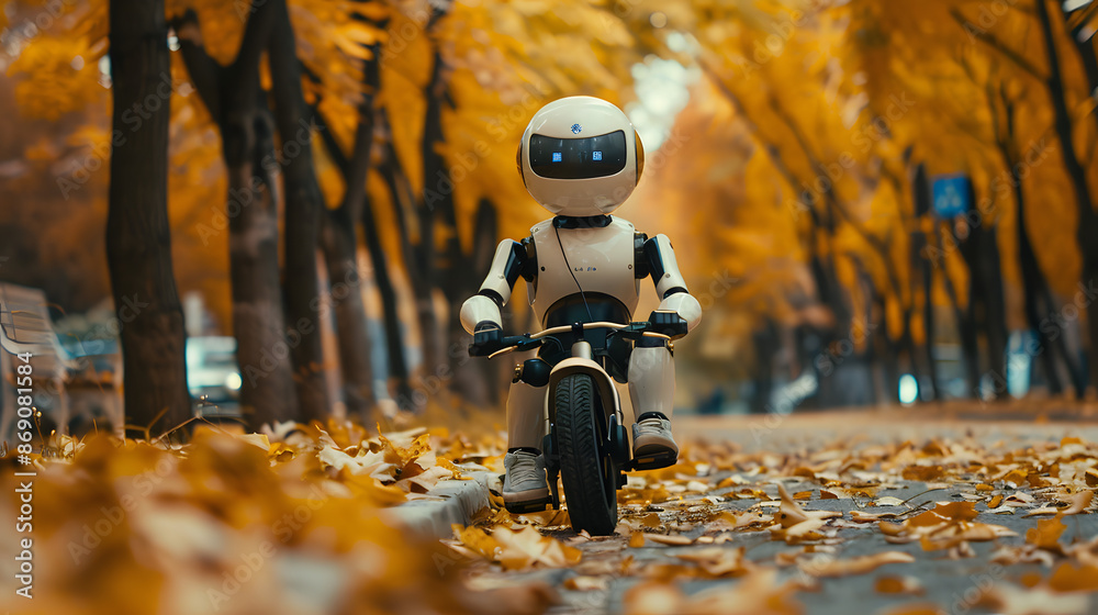 Happy humanoid robot rides a bicycle along the autumn alley. Robotic ...