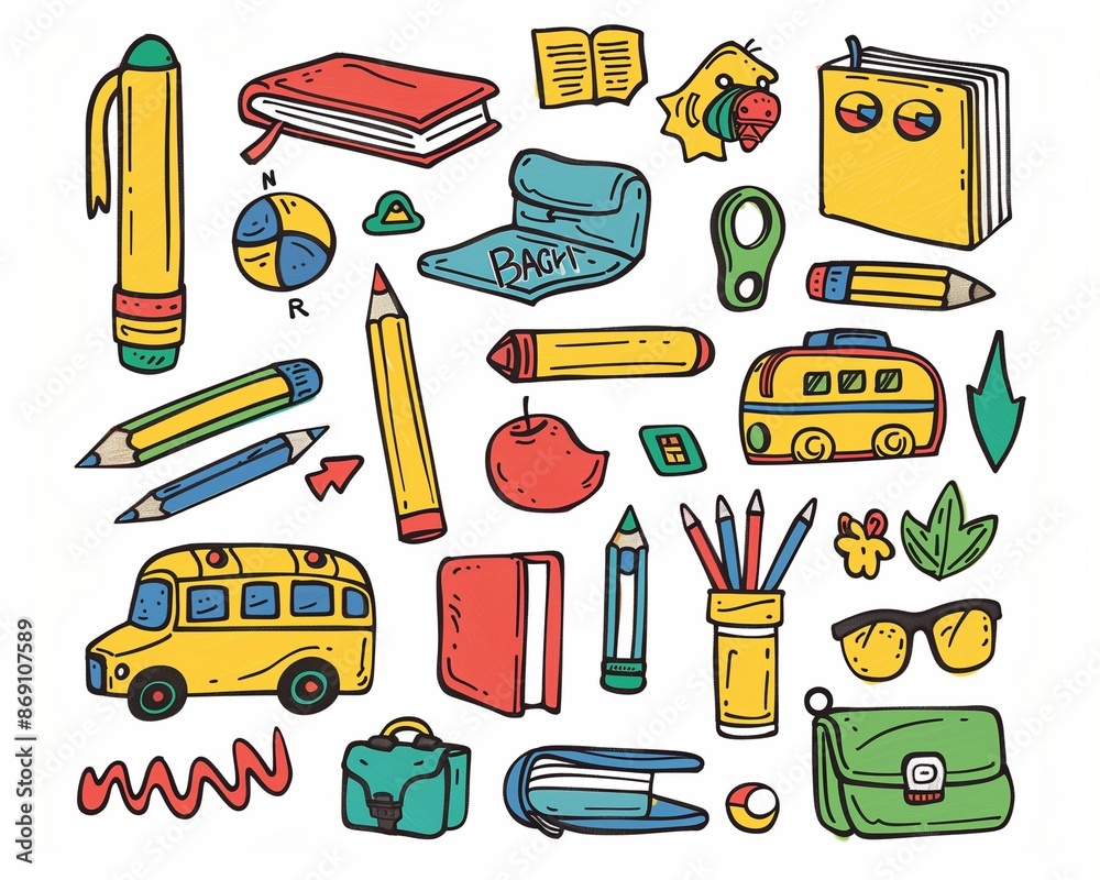 Hand drawn cartoon school elements pattern. Back to School elements ...