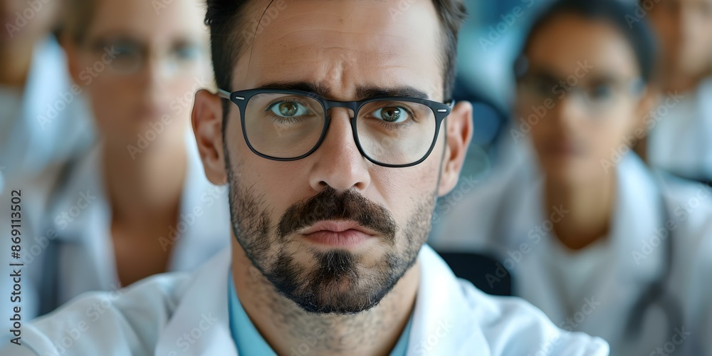 Blurred students around serious male in glasses and uniform at table ...