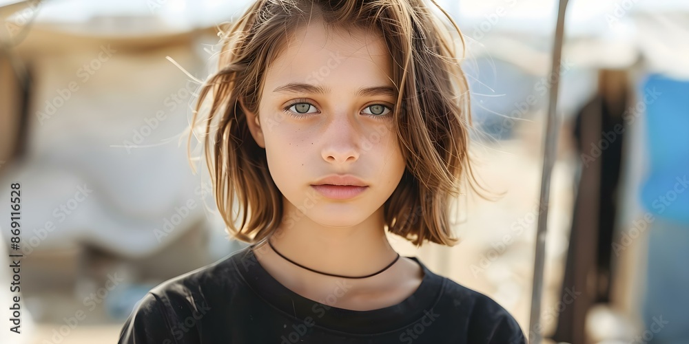 Teen girl with determined look in front of selfbuilt shelter pos ...