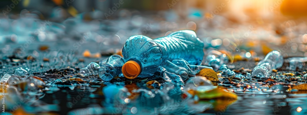 A bottled water sits atop a puddle, adjacent to a yellow-blue object ...