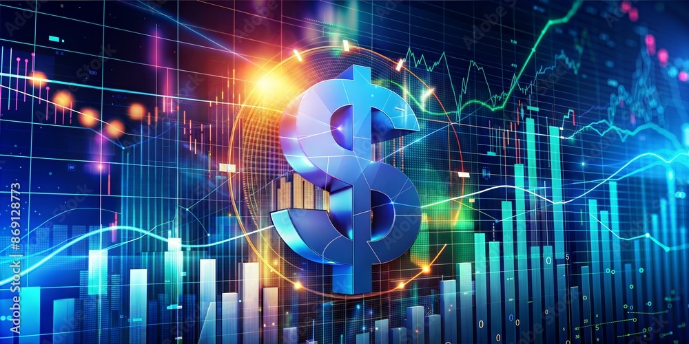 Abstract financial background with a glowing dollar sign, surrounded by ...