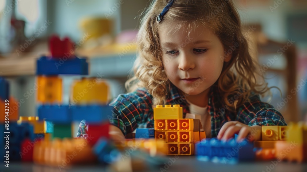 Young girl playing with colorful building blocks, developing creativity ...
