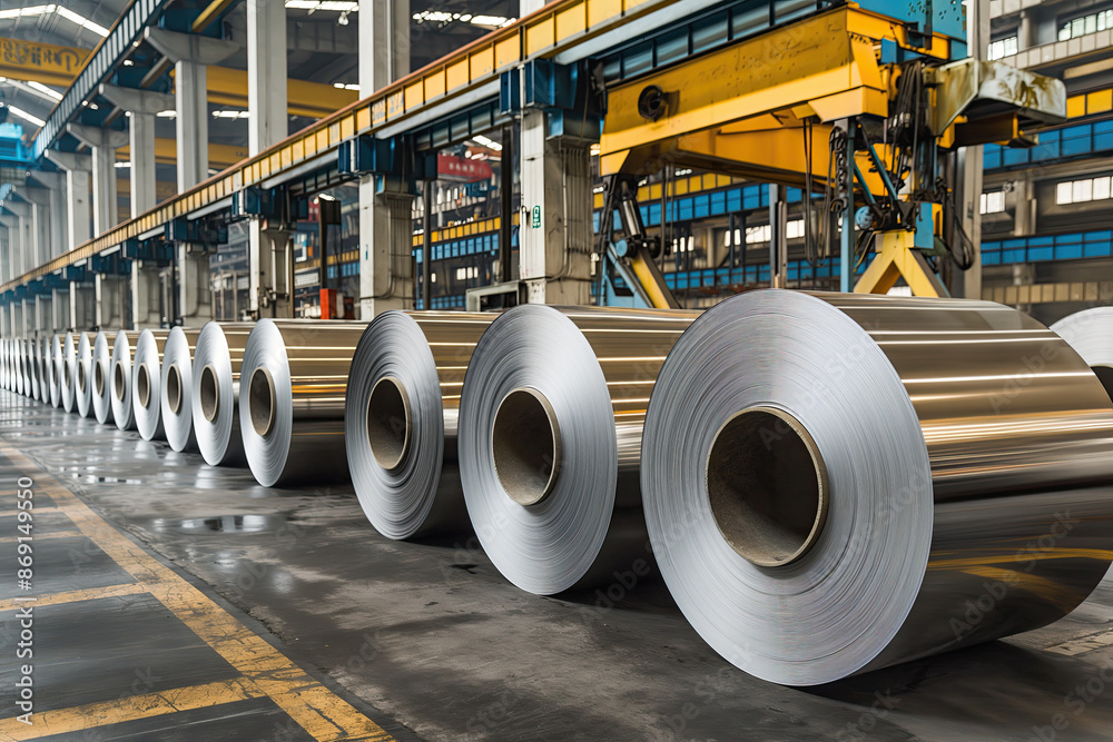 Rows of large steel coils in a modern industrial facility with blue and ...
