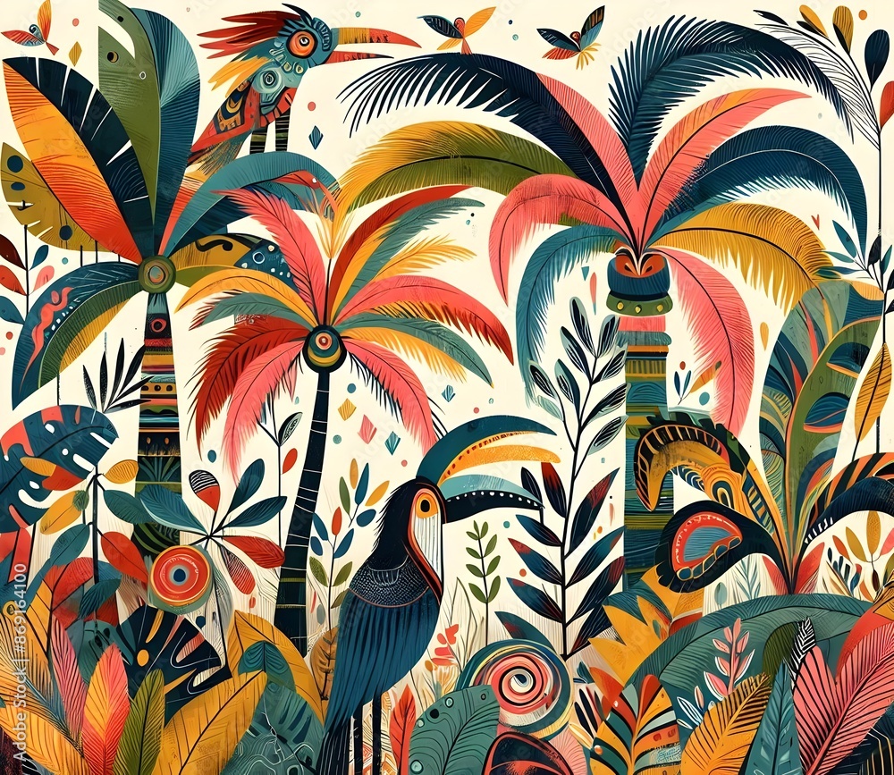 Ilustración exótica de lujo tropical, Hojas de plátano de colores pastel, palma, Vintage ...