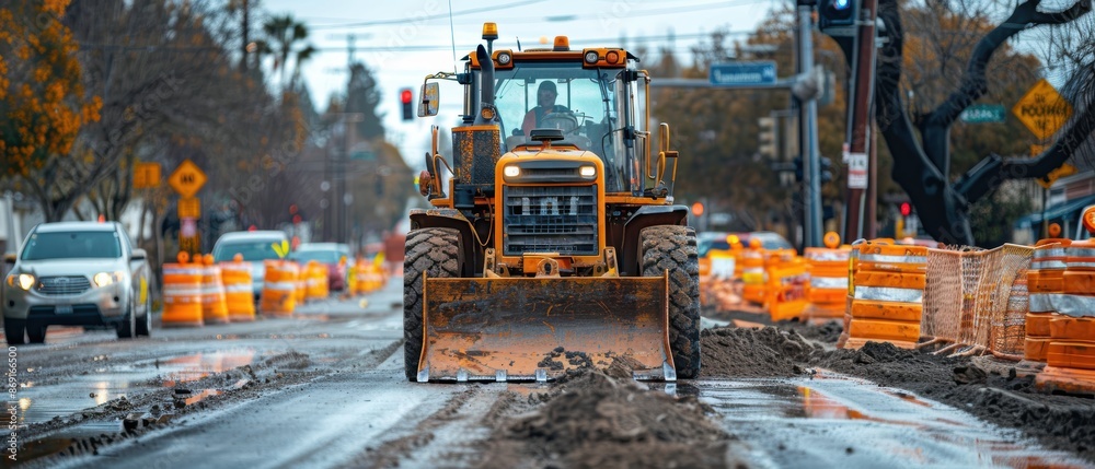 Busy Construction Zone with Orange Safety Barriers and Heavy Equipment ...