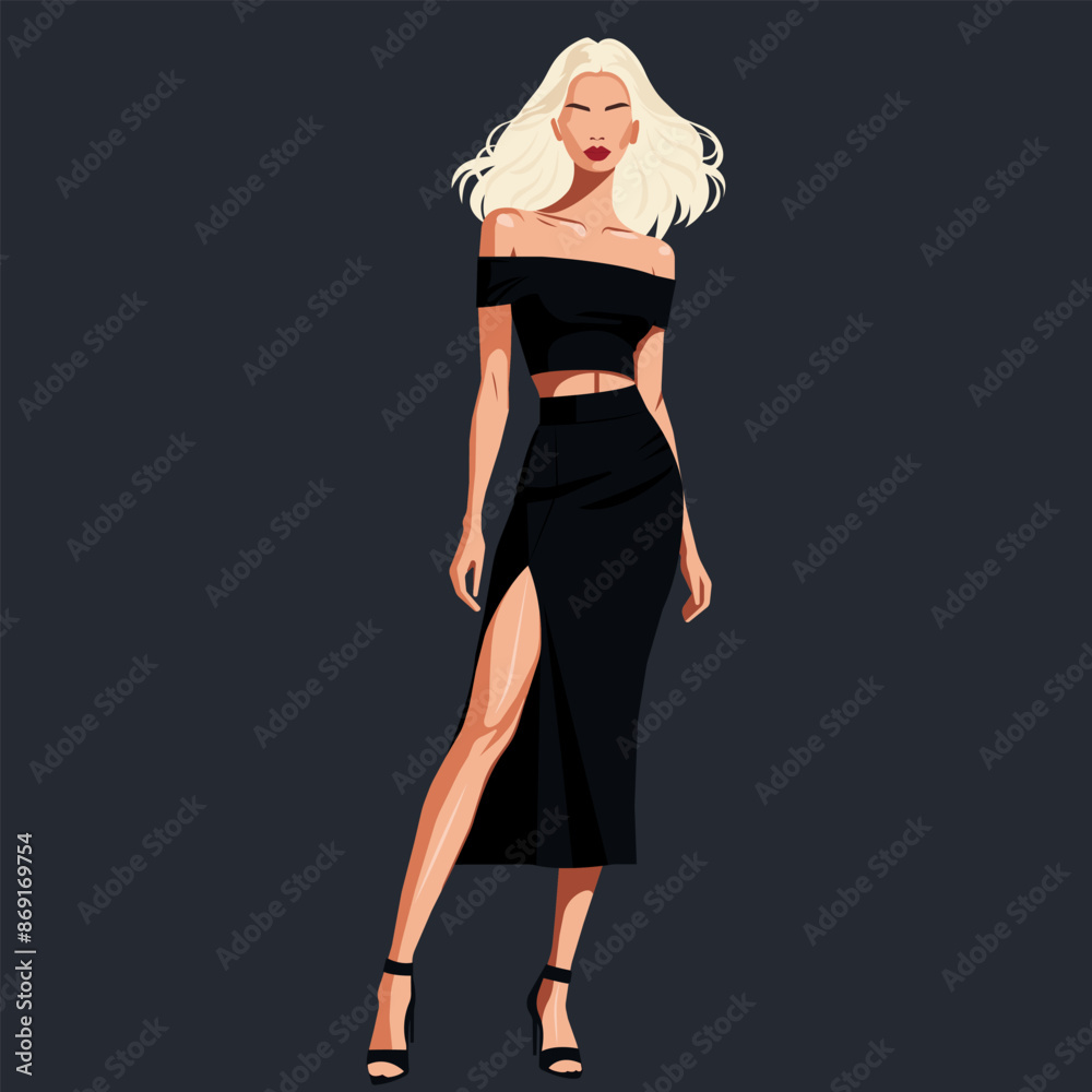 Young beautiful blonde woman in a stylish short top with bare shoulders ...