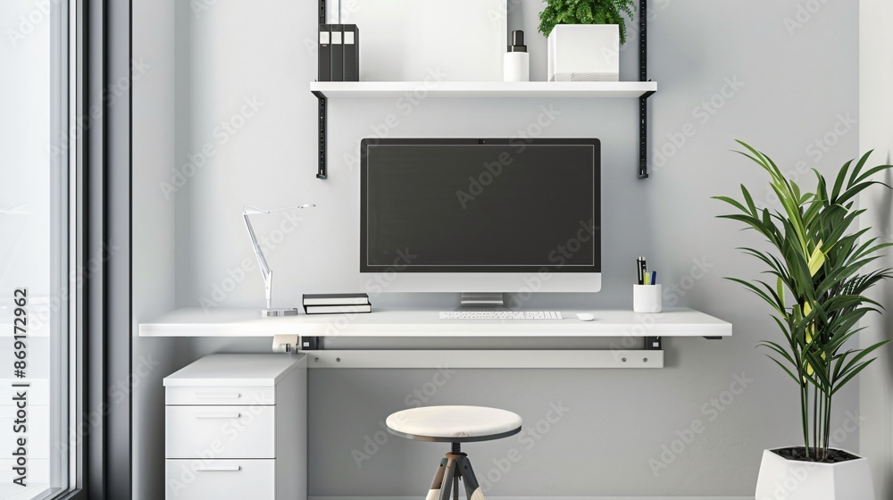 A compact and efficient office with a fold-out desk, a stool, wall ...