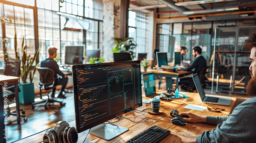 Fintech Startup Developers Collaborating at Standing Desks in Agile ...
