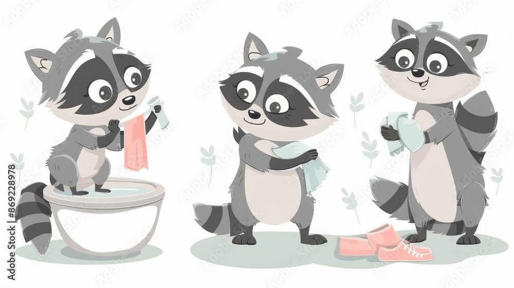 Animated raccoon mascot. Funny washing animal character. Racoon drawing ...