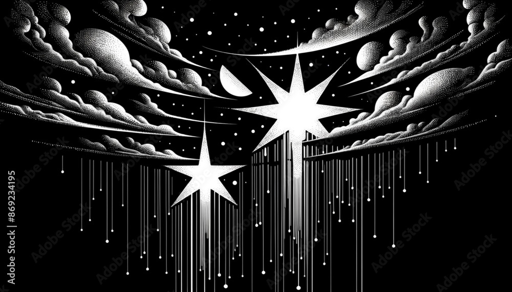 Pointillism Stars and Clouds Night Scene - An enchanting black and ...