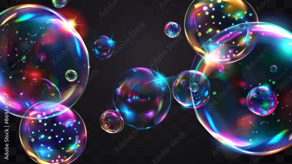 3D soap bubbles set isolated on transparent background. Modern ...