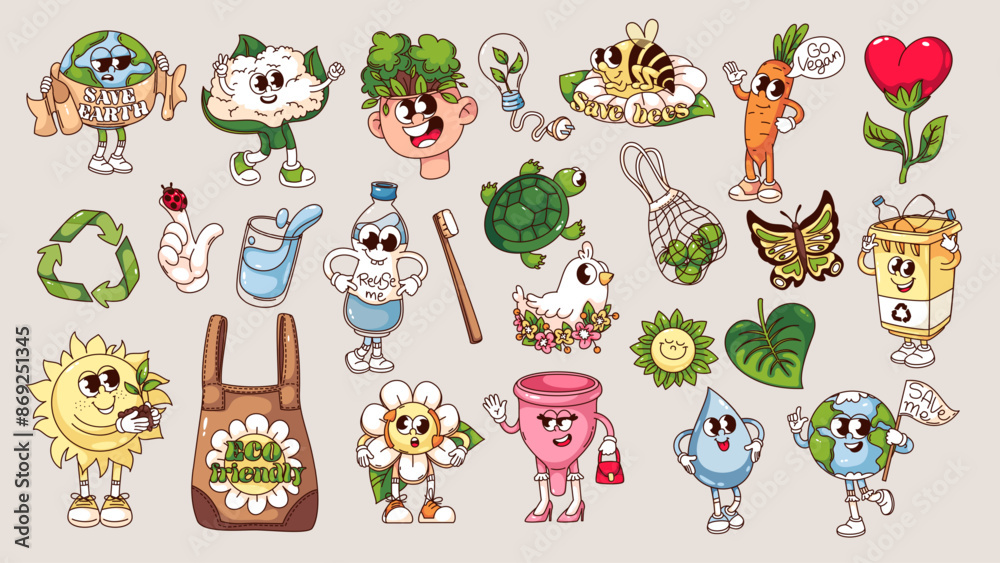Groovy eco friendly organic products and cartoon characters set. Funny ...