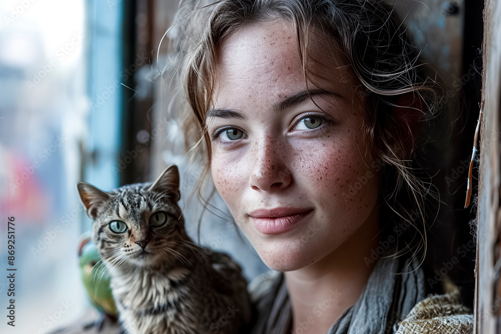 woman with freckles smiling next to a tabby cat by the window. Natural ...