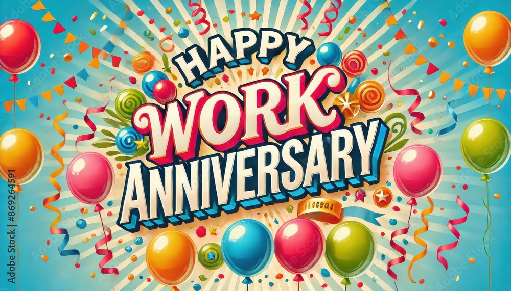 Happy Work Anniversary Banner with Colorful Streamers and Balloons ...