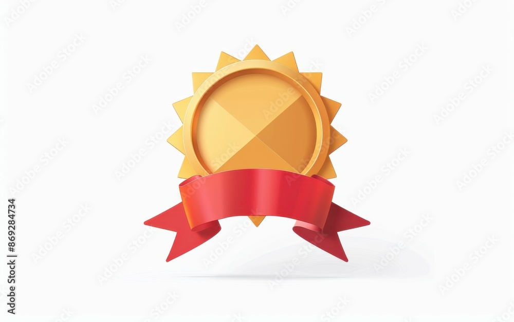 An isolated 3D vector illustration of a gold award badge with a red ...