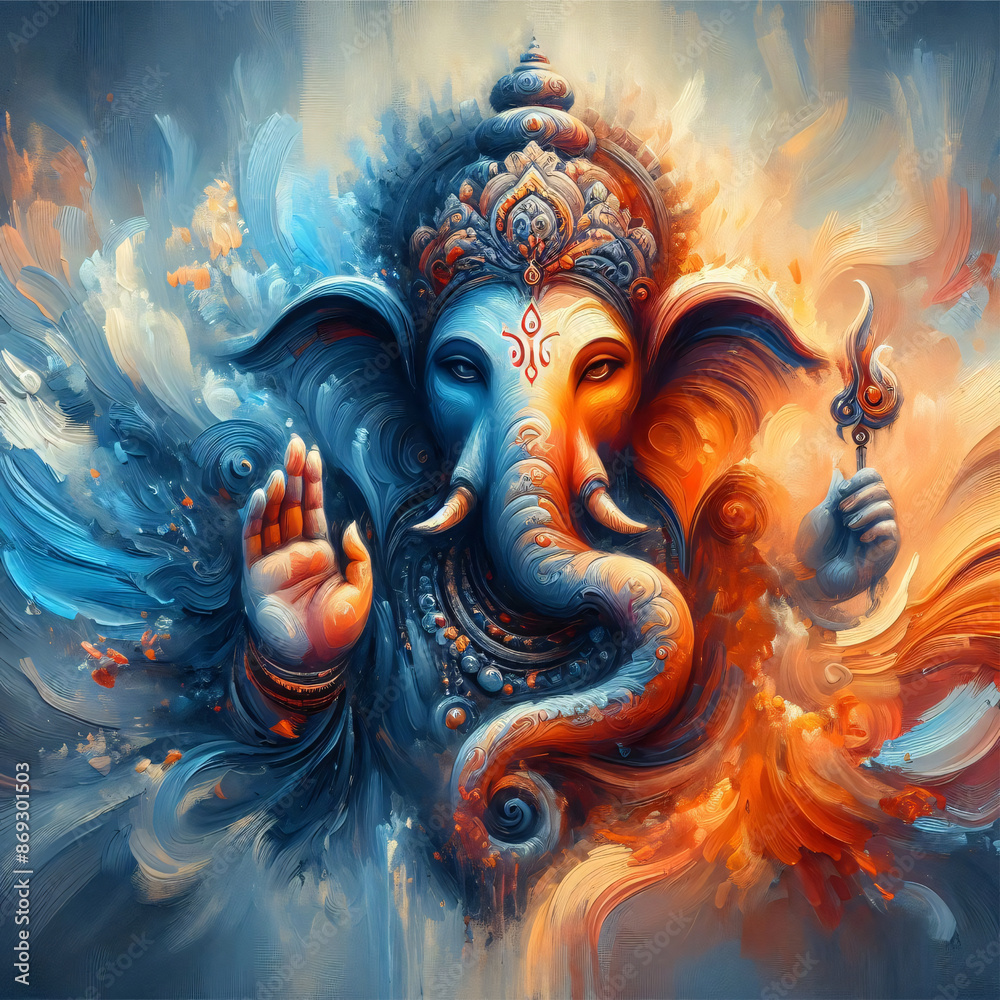 beautiful blue and orange oil paint brush stroke art of lord Ganesh ...