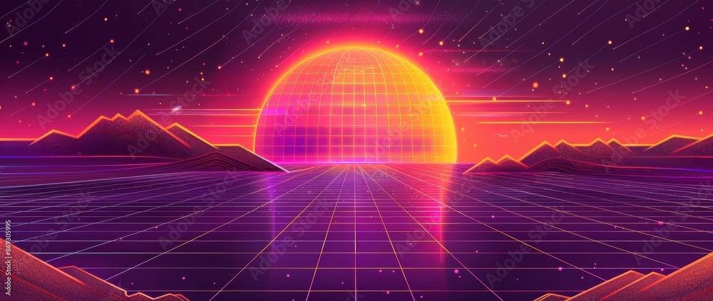 1980s retro landscape. Futuristic perspective grid. Sci-Fi retro ...