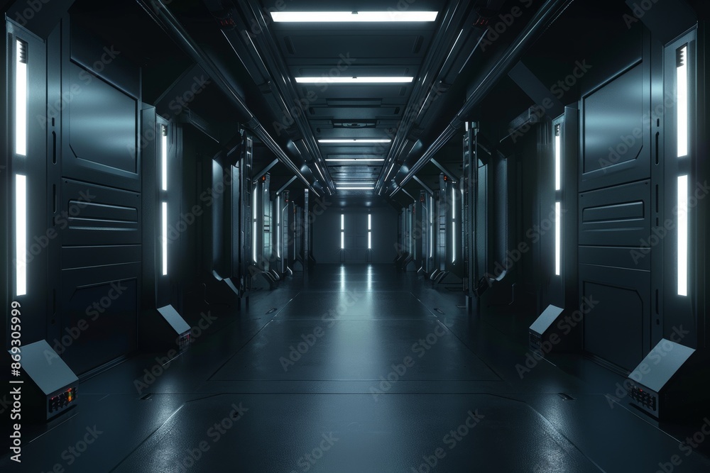 Animated dark room with a futuristic sci-fi background in 3D ...