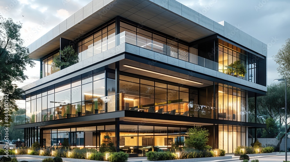 A five story modern office building rendering with black and white ...