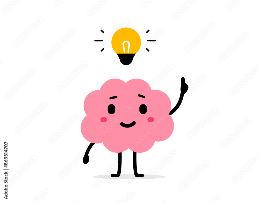 Vector cartoon illustration of cute happy brain character with yellow ...