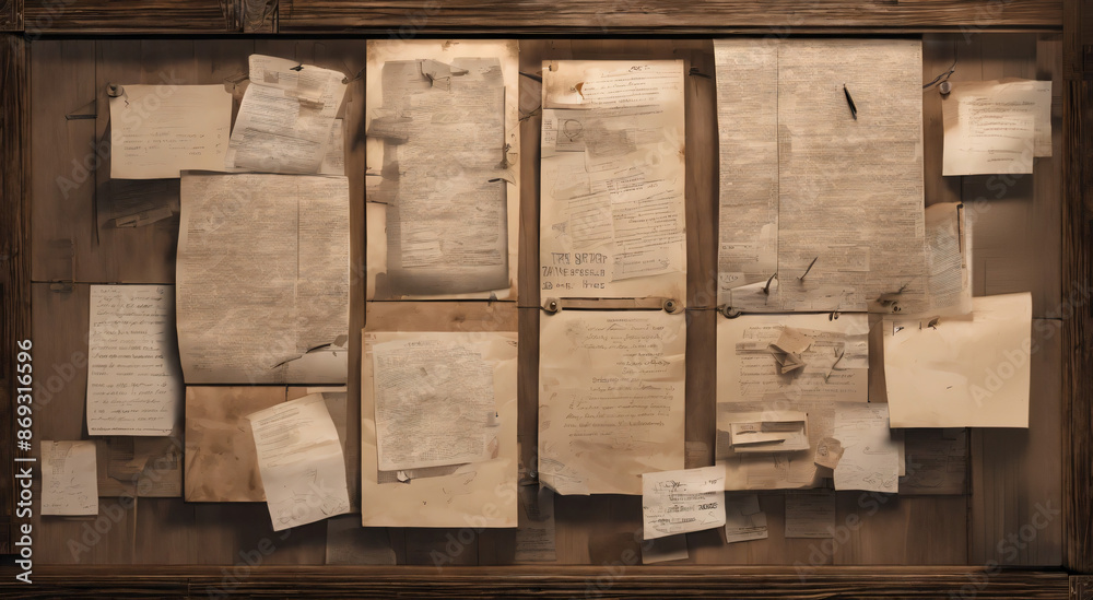 Ancient bulletin board full of attached papers. Notes, old sheets ...