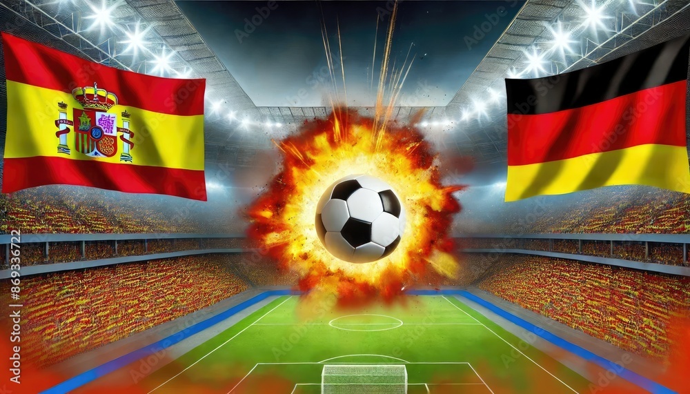 Spain vs Germany football match, Spanish flag, German flag, stadium and ...