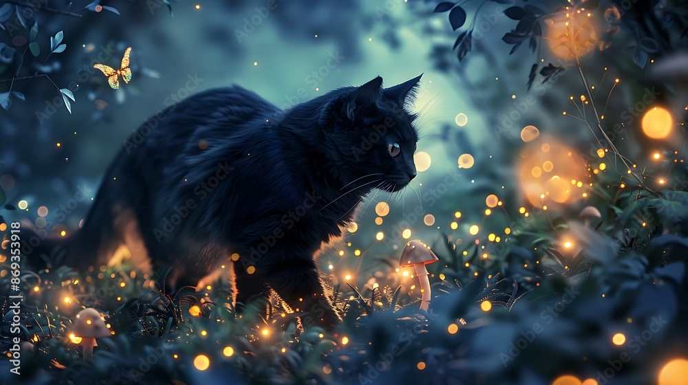 Realistic photos, high definition 8K An intriguing scene of a black cat ...