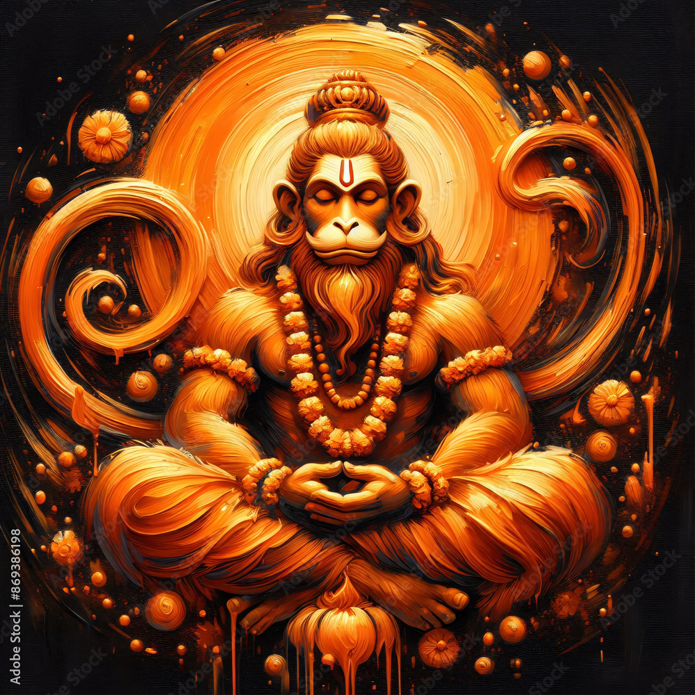 modern orange oil paint brush stroke art of lord hanuman sitting Stock ...
