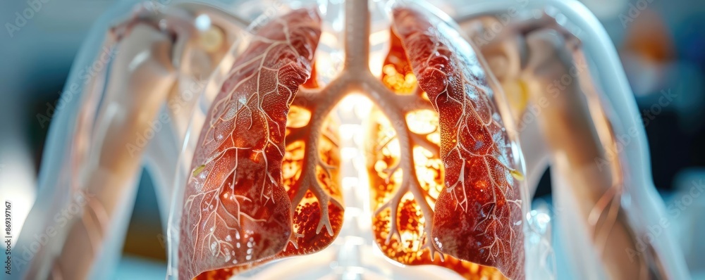 Cross-section of the lungs showing respiratory zones and alveoli ...
