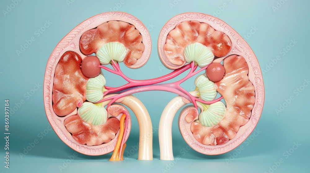 Cross-section of the kidneys showing filtration zones and nephrons ...